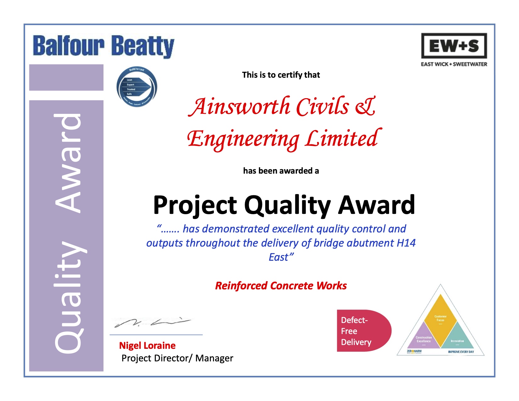 Balfour Beatty's Project Quality Award - Ainsworth Civils and Engineering